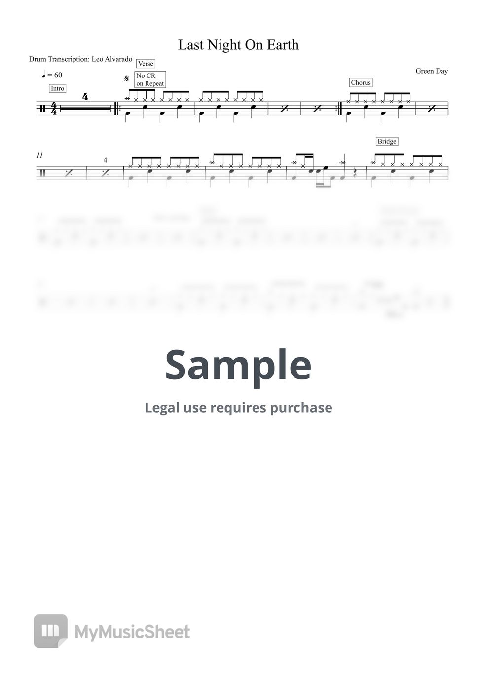 Green Day - Last Night On Earth Sheet Music by Drum Transcription: Leo ...