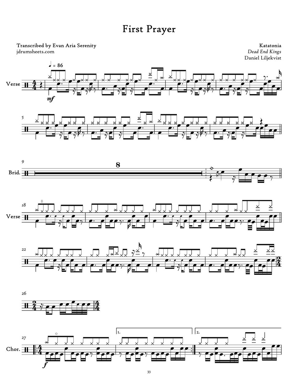 Katatonia - First Prayer 楽譜 by Jaslow Drum Sheets