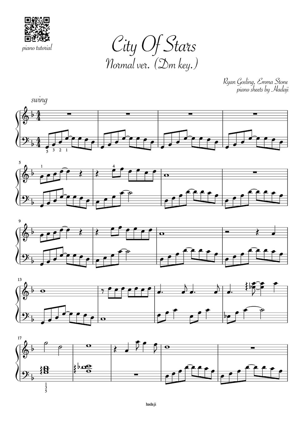 lala land - City Of Stars 'Normal ver.' (Original key) 악보 by HADAJI