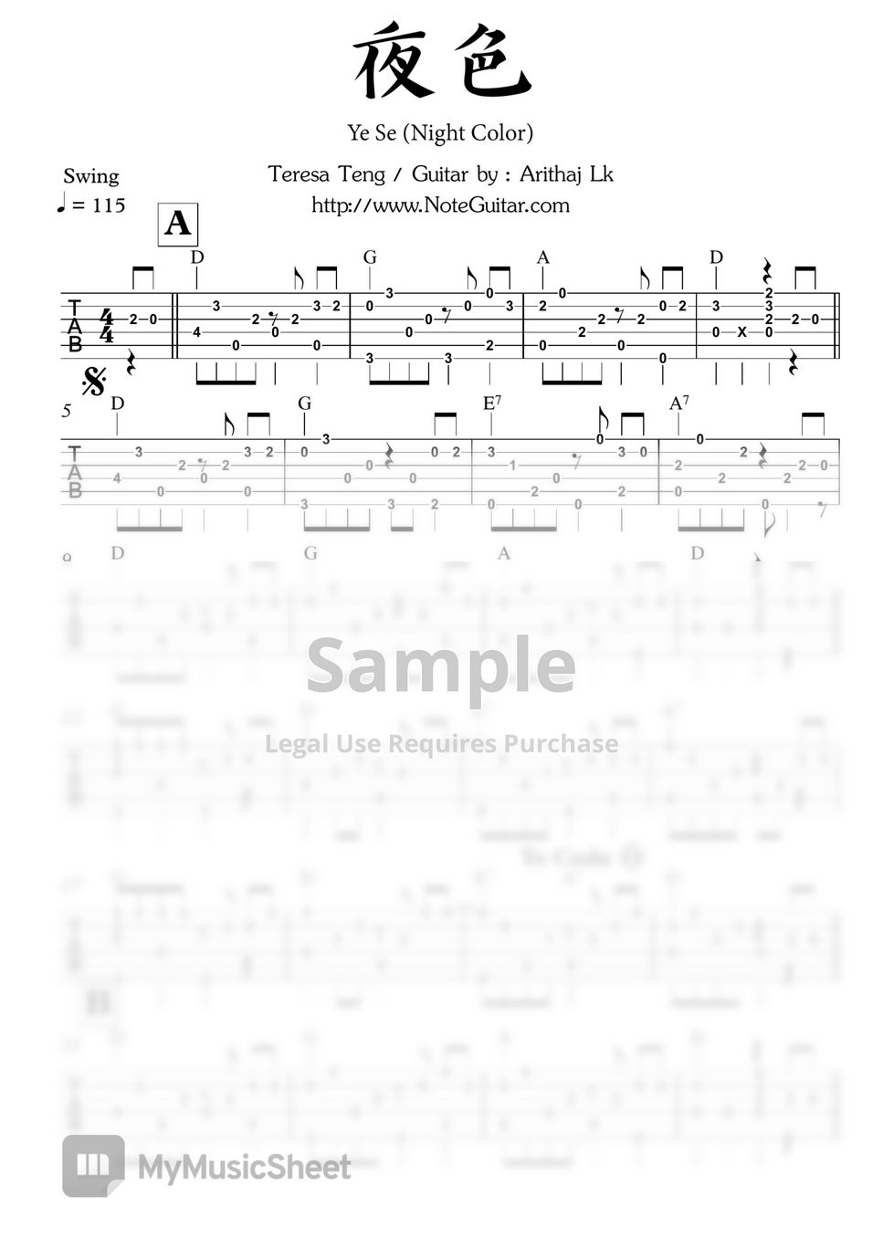 Teresa Teng - 夜色 Night Color - Fingerstyle Guitar Sheets by Arithaj Lk