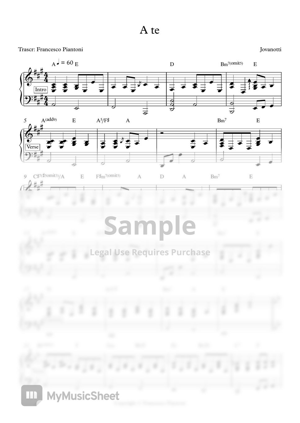 Jovanotti - A te (spartito pianoforte) Spartito by Francesco Piantoni