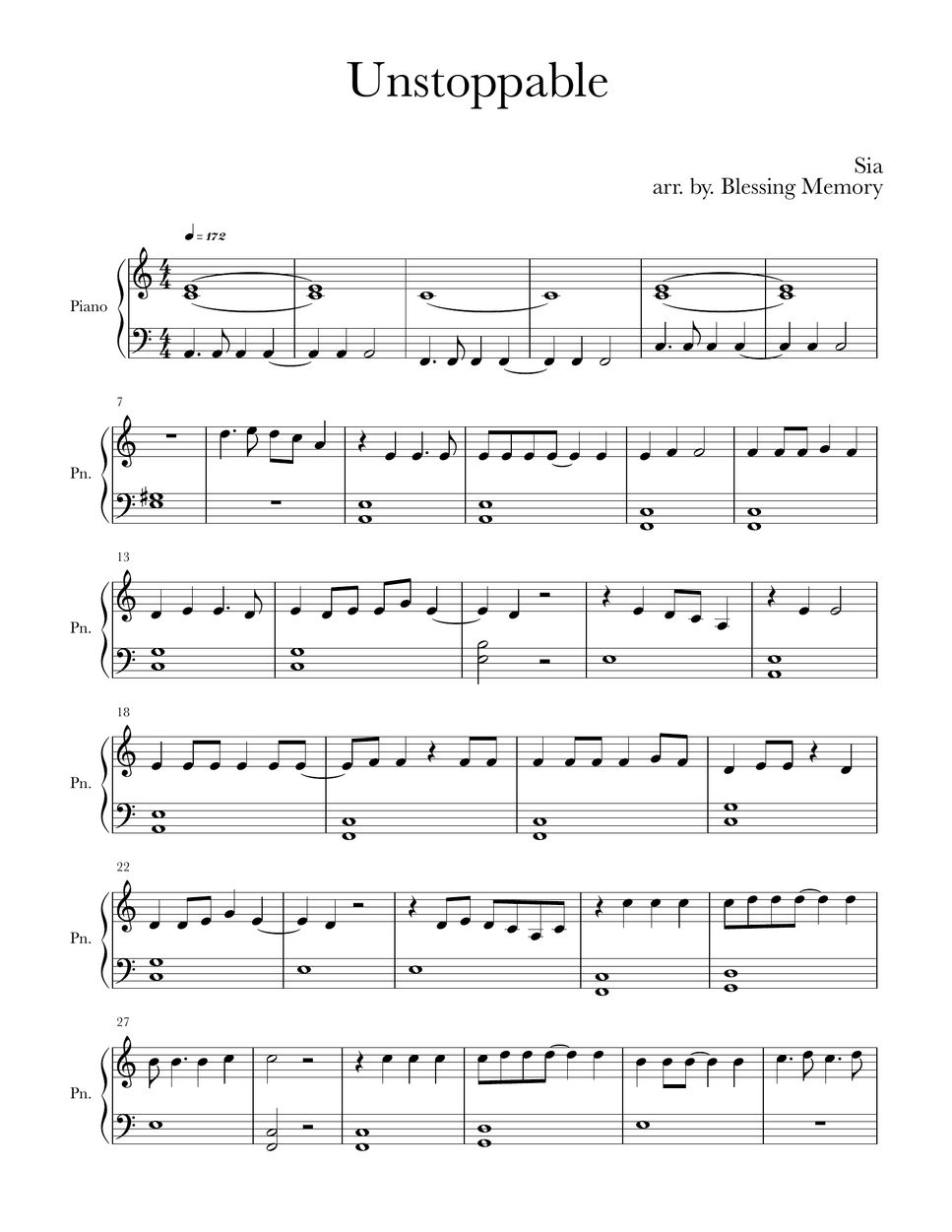 Sia - Unstoppable (Easy Piano) Sheet by Blessing Memory