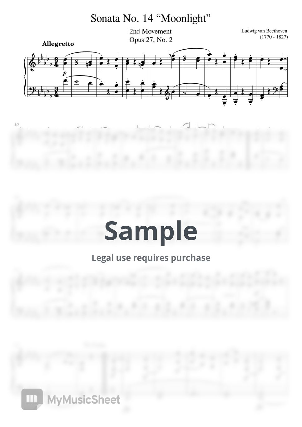 Ludwing Van Beethoven - Moonlight - Sonata nº 14 (2nd Movement) Sheets ...