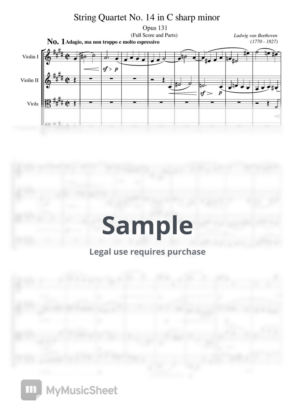 Ludwig van Beethoven - String Quartet No.14, Op.131 (Complete Original Score and Parts) Sheets ...