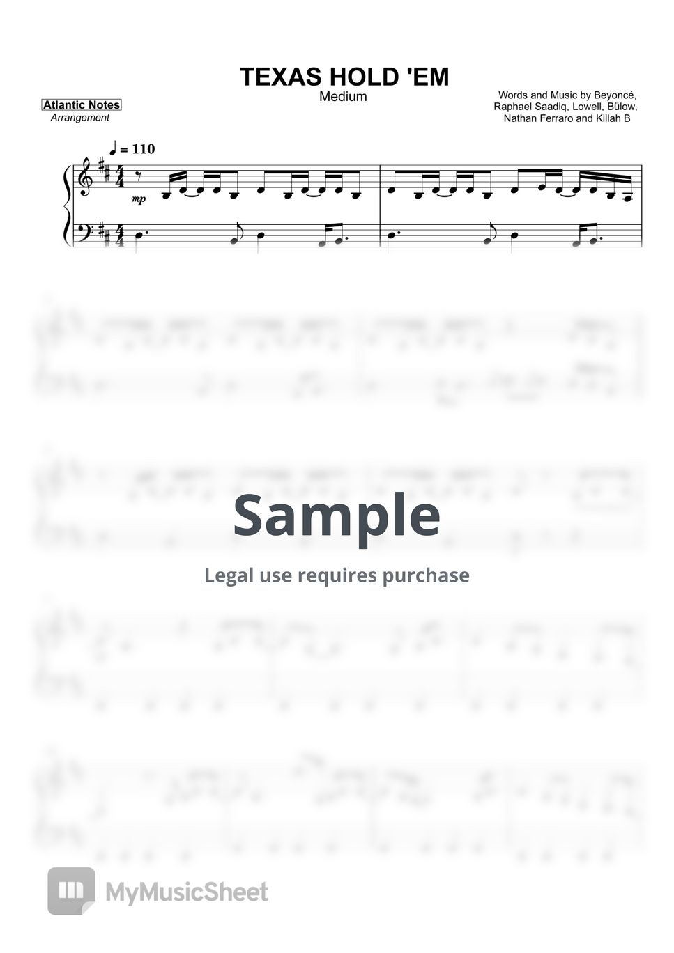 Beyoncé - TEXAS HOLD EM' Sheets by Atlantic Notes