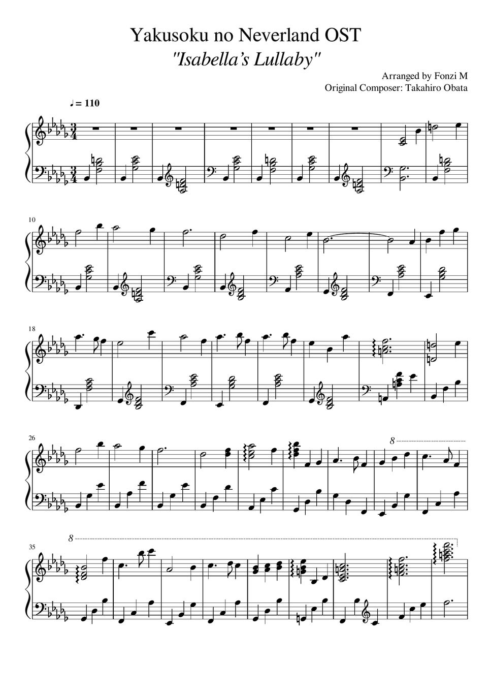 Takahiro Obata - Yakusoku no Neverland OST - "Isabella’s Lullaby" Partition musicale by Fonzi M