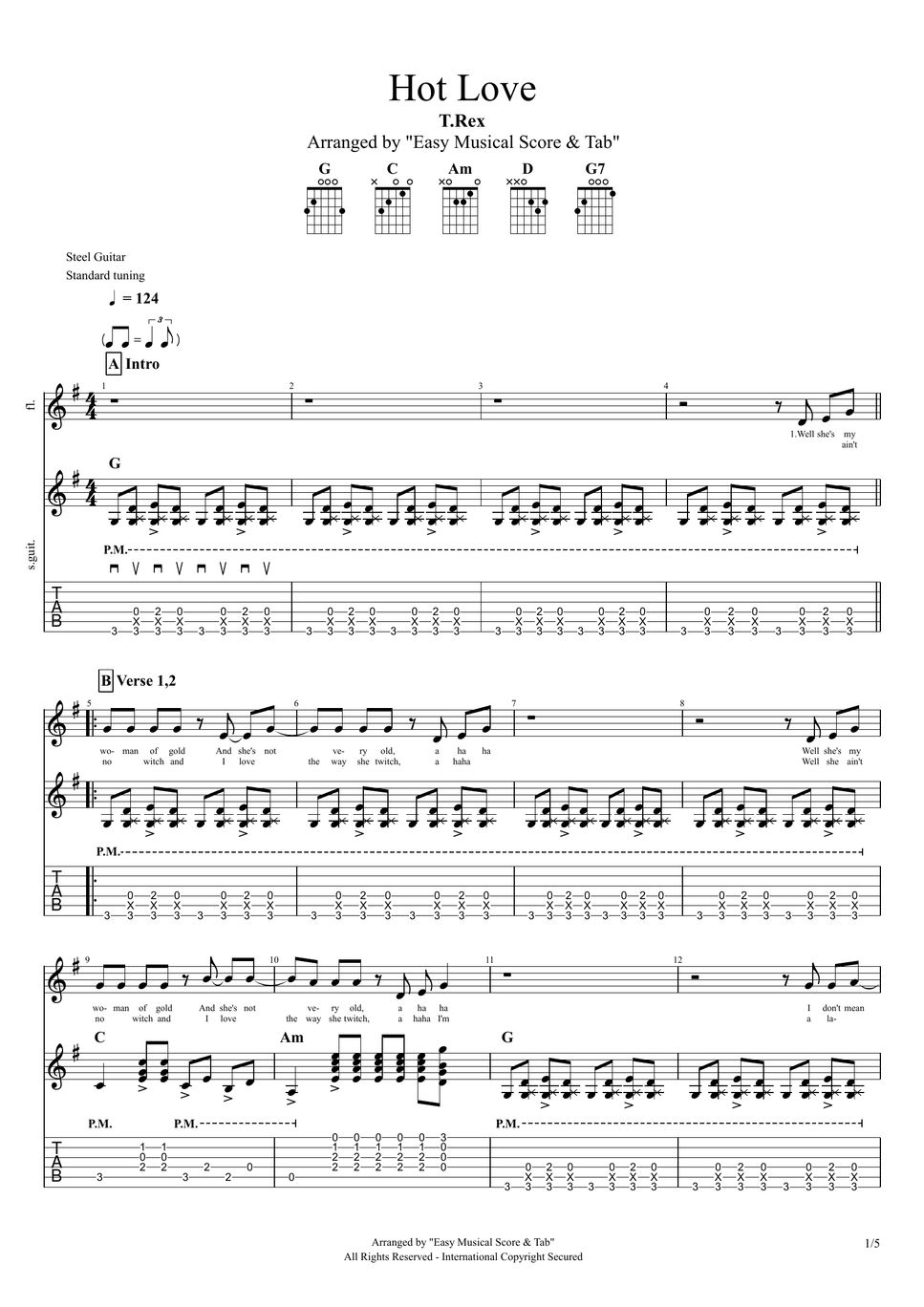 T.Rex - Hot Love (How to play alone) Partition musicale by "Easy ...