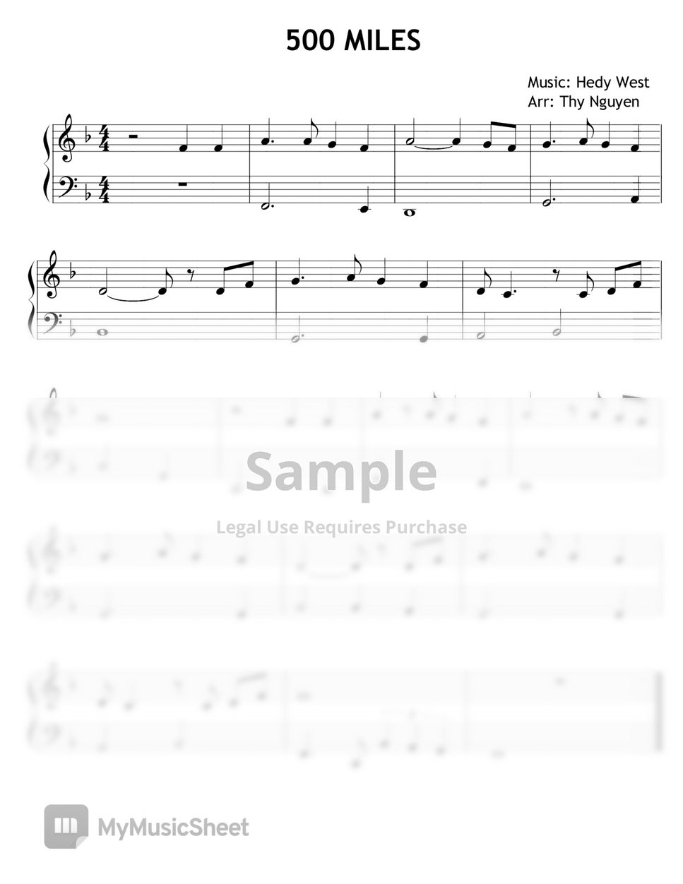Hedy West - 500 Miles (Easy Piano) Sheet Music by Thy Nguyen