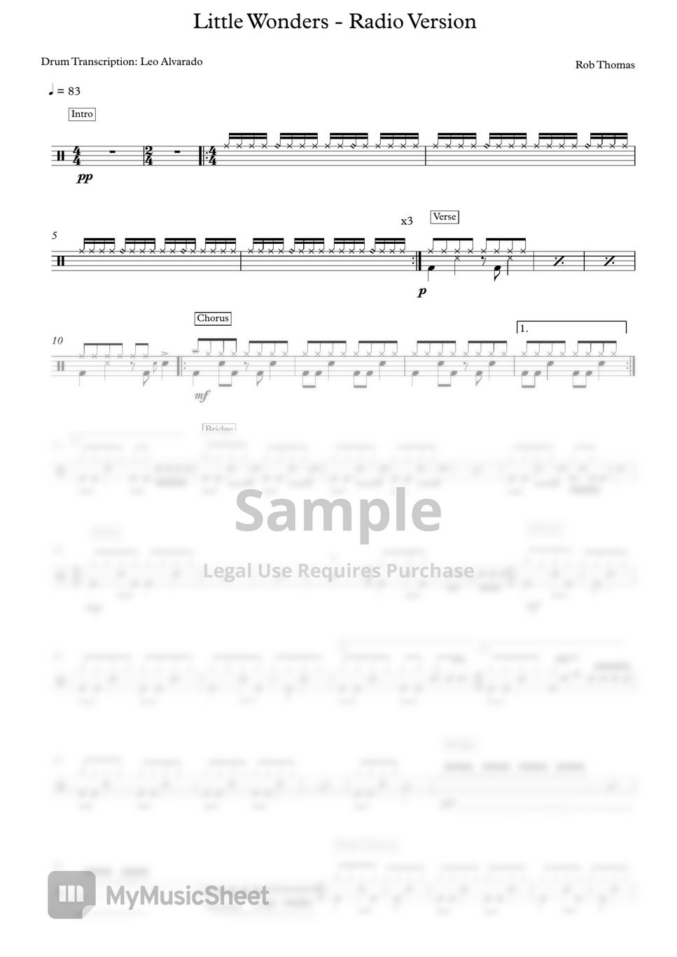 Radio Version - Little wonders Spartito by Drum Transcription: Leo Alvarado