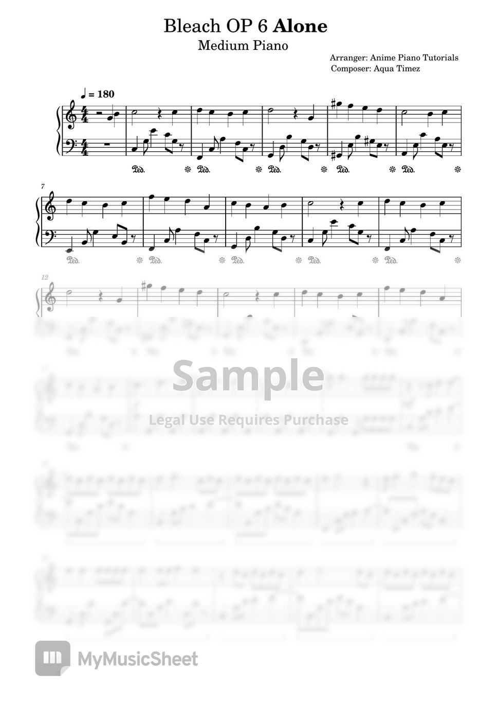 Aqua Timez Alone Bleach Op 6 Sheets By Anime Piano Tutorials