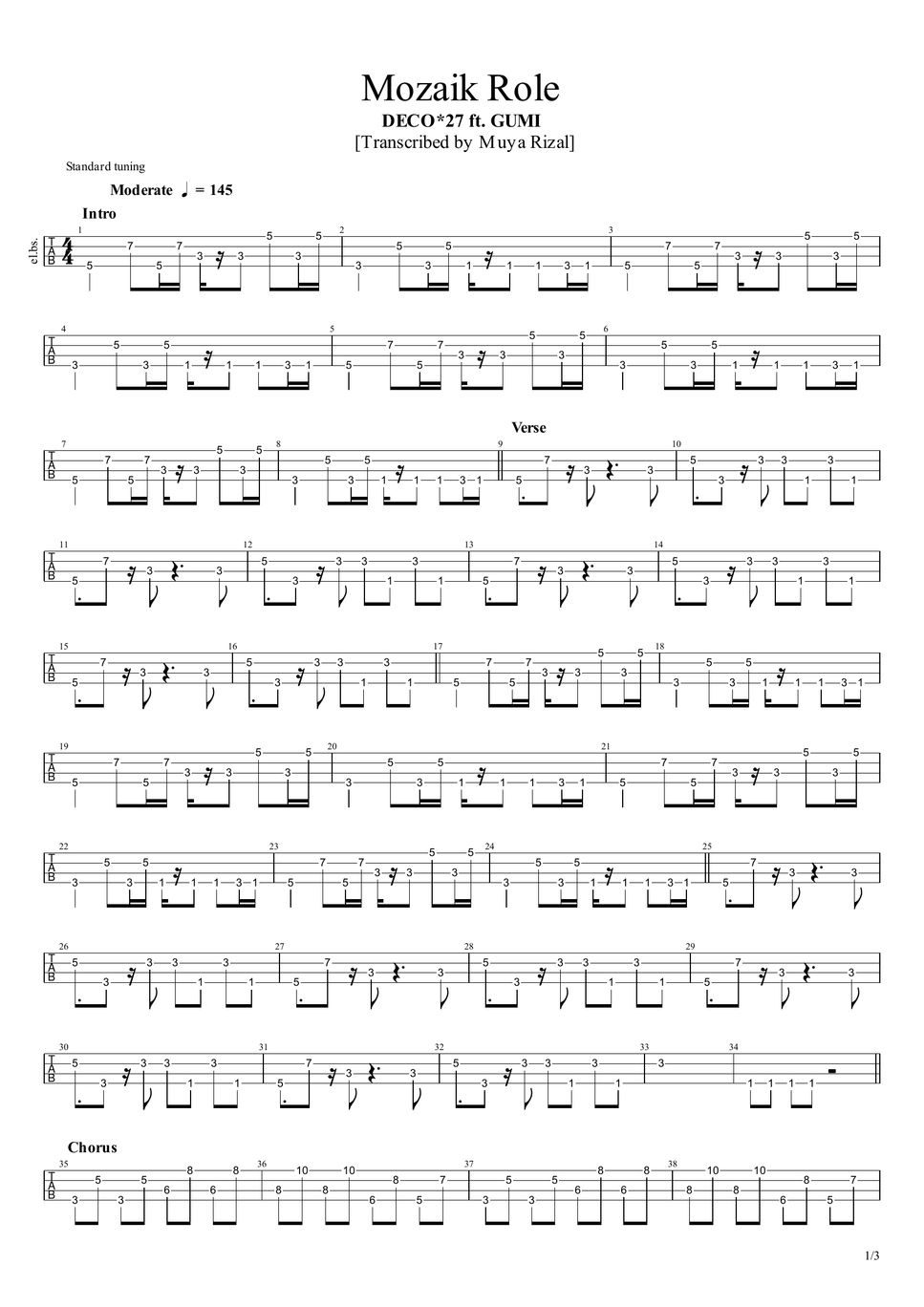 DECO*27 - Mozaik Role (Bass TAB) Sheets by Muya