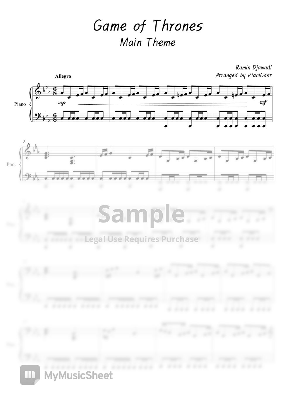 Game of Thrones - Main Theme (Piano Solo) 악보 by PianiCast