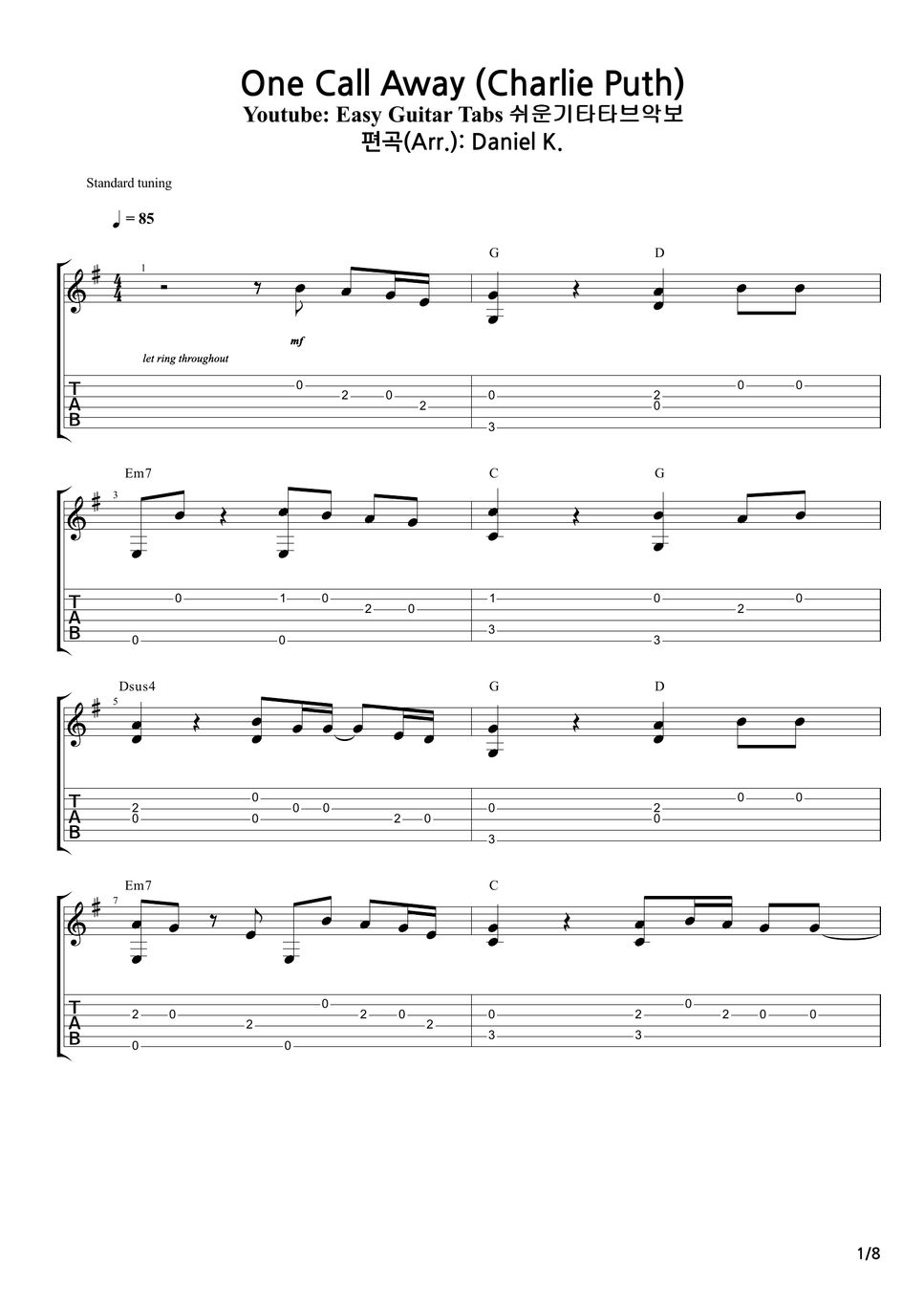 쉬운기타타브악보 - One Call Away (Charlie Puth) Sheet by Daniel K.