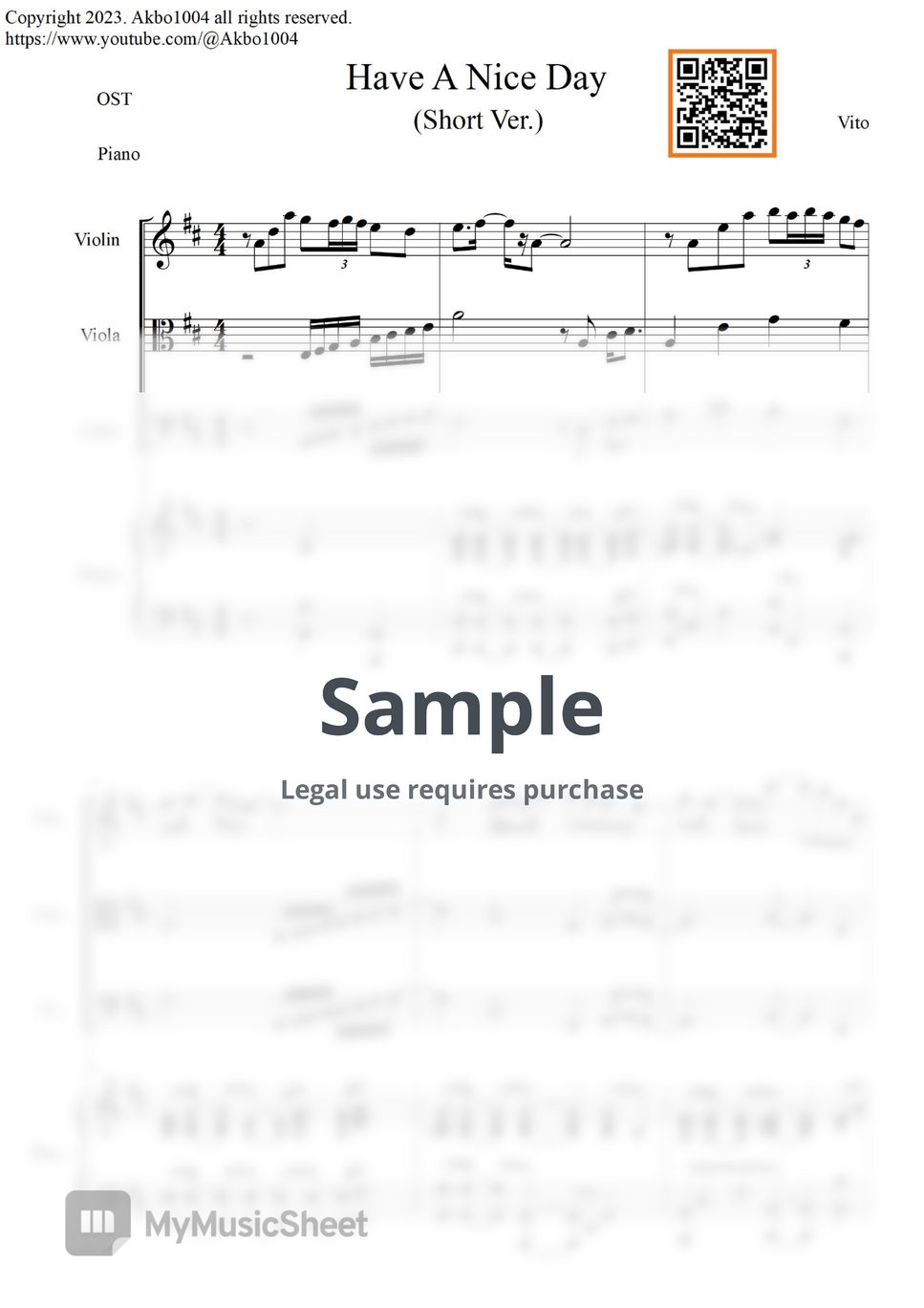 Vito - Have A Nice Day (피아노 4중주 / 웨딩 / 편곡 / 신랑입장 / 결혼식) Sheets by Akbo1004