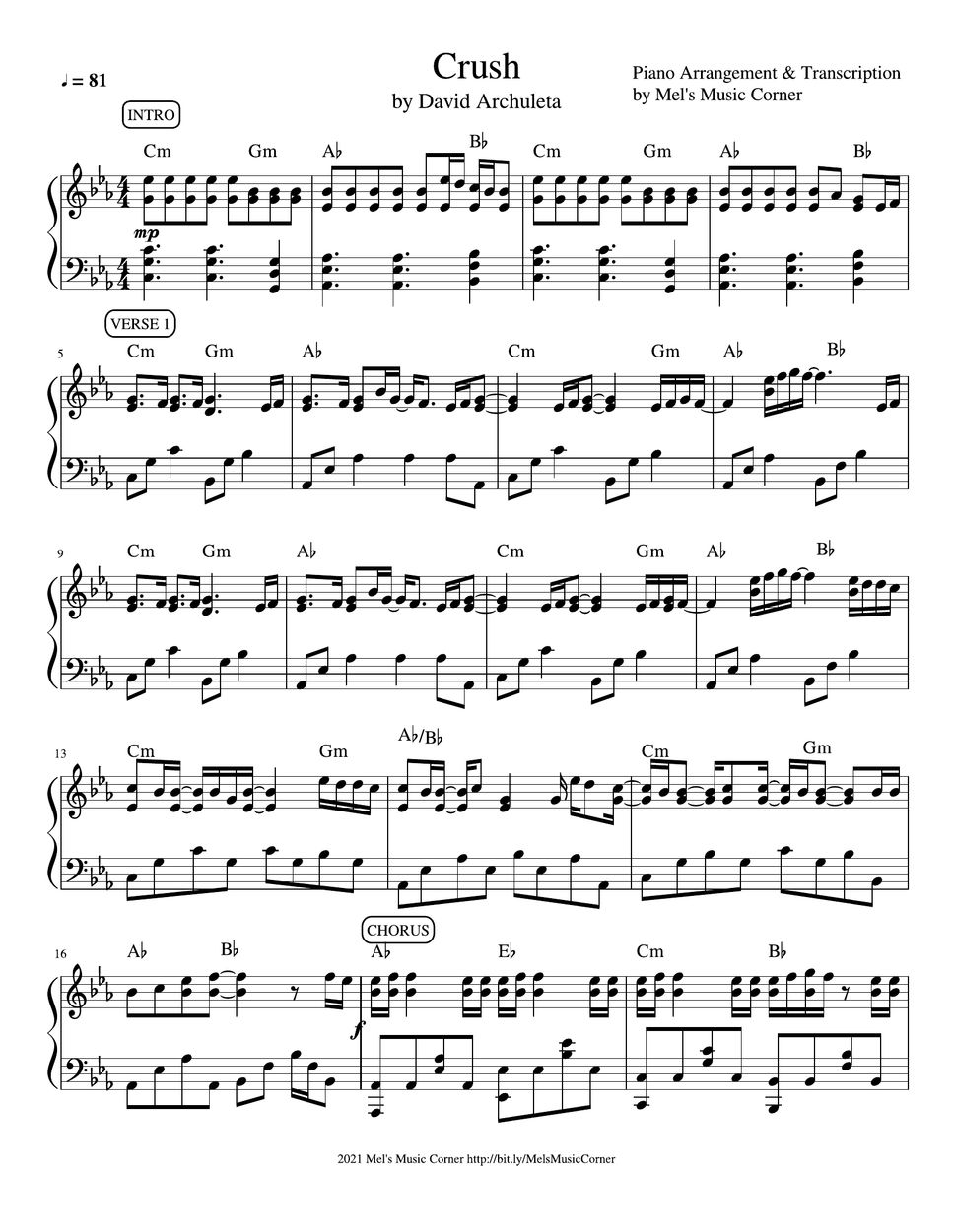 David Archuleta - Crush (piano sheet music) Sheet by Mel's Music Corner