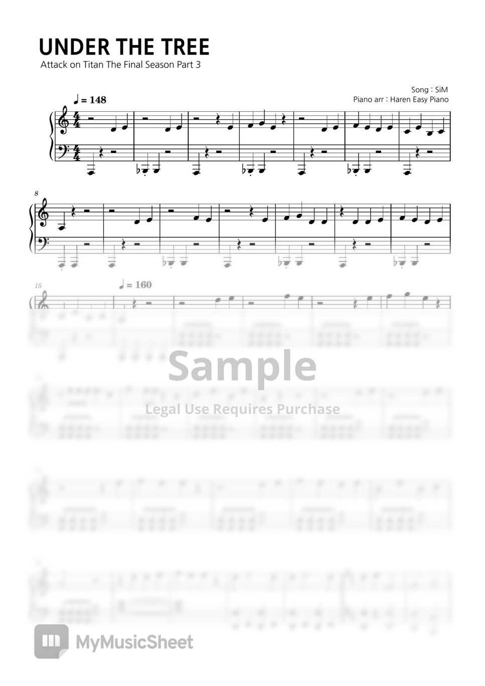 SiM - UNDER THE TREE (Attack on Titan The Final Season Part 3) Sheet Music by Haren Easy Piano