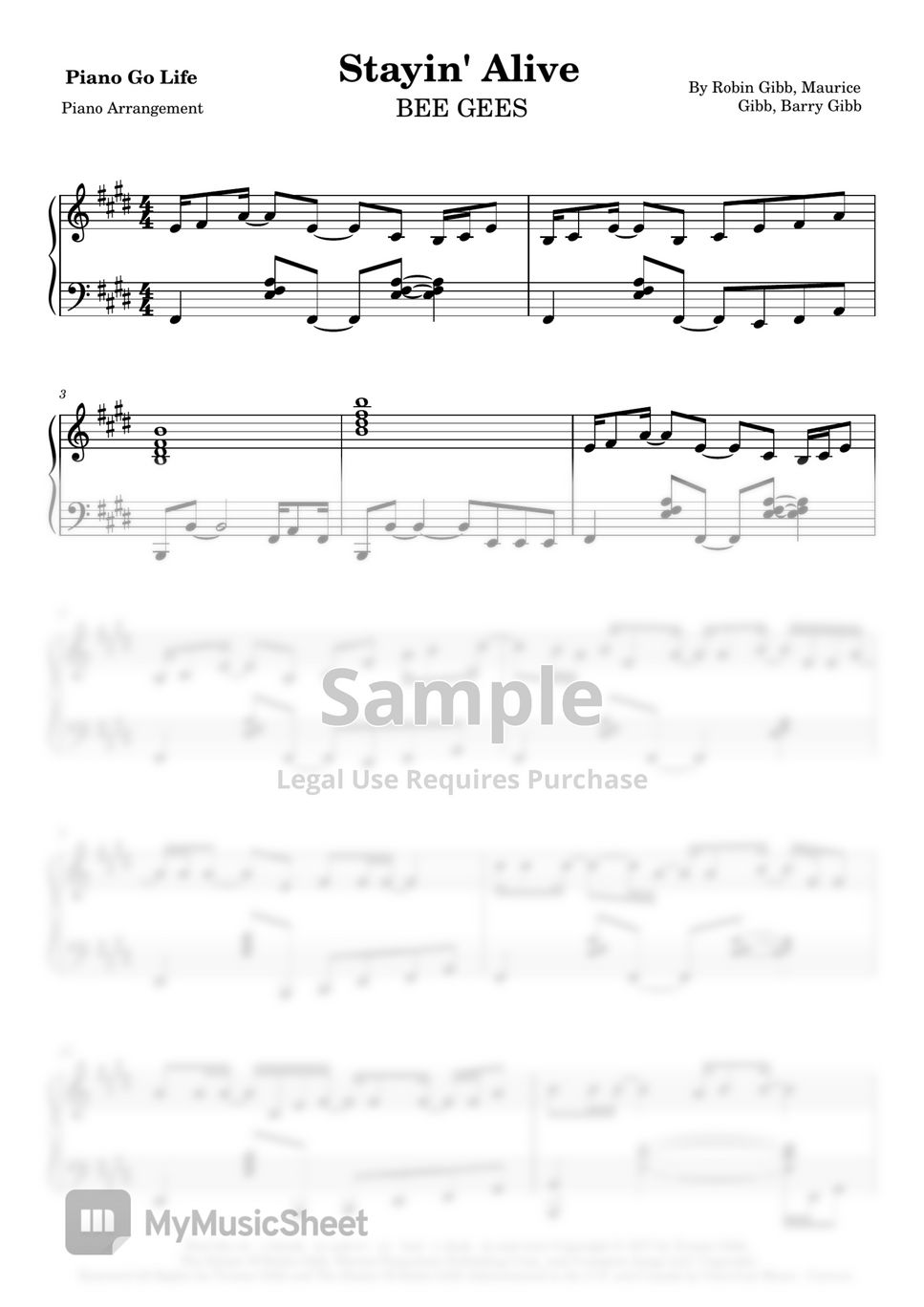 Bee Gees - Stayin' Alive Sheet by Piano Go Life