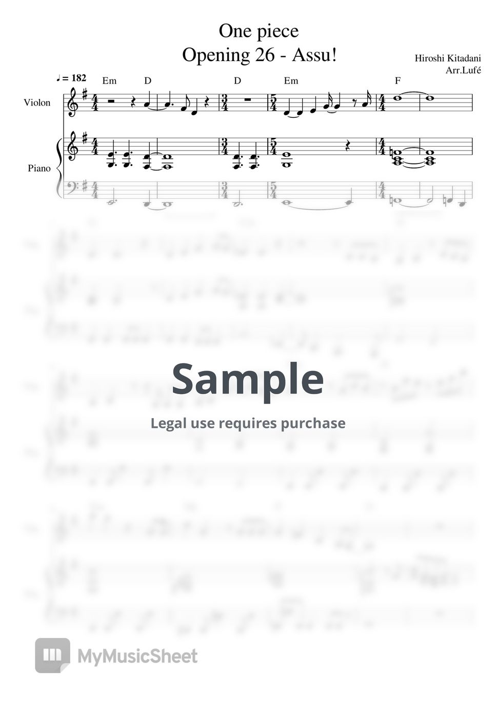 Hiroshi Kitadani - One Piece - Opening26 - "Assu!" - ArrViolin/piano ...