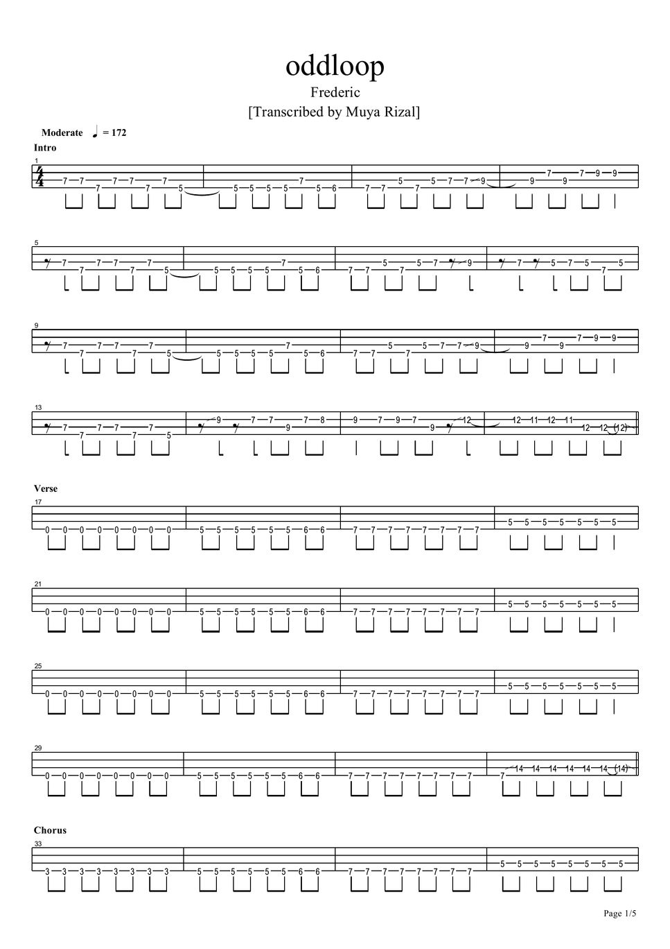 Frederic - oddloop (Bass TAB) 楽譜 by Muya