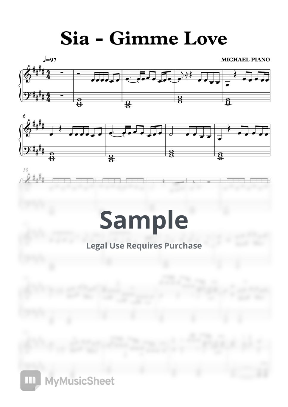 Sia - Sia - Gimme Love Sheet Music by Michael_Piano_Tereshchenko