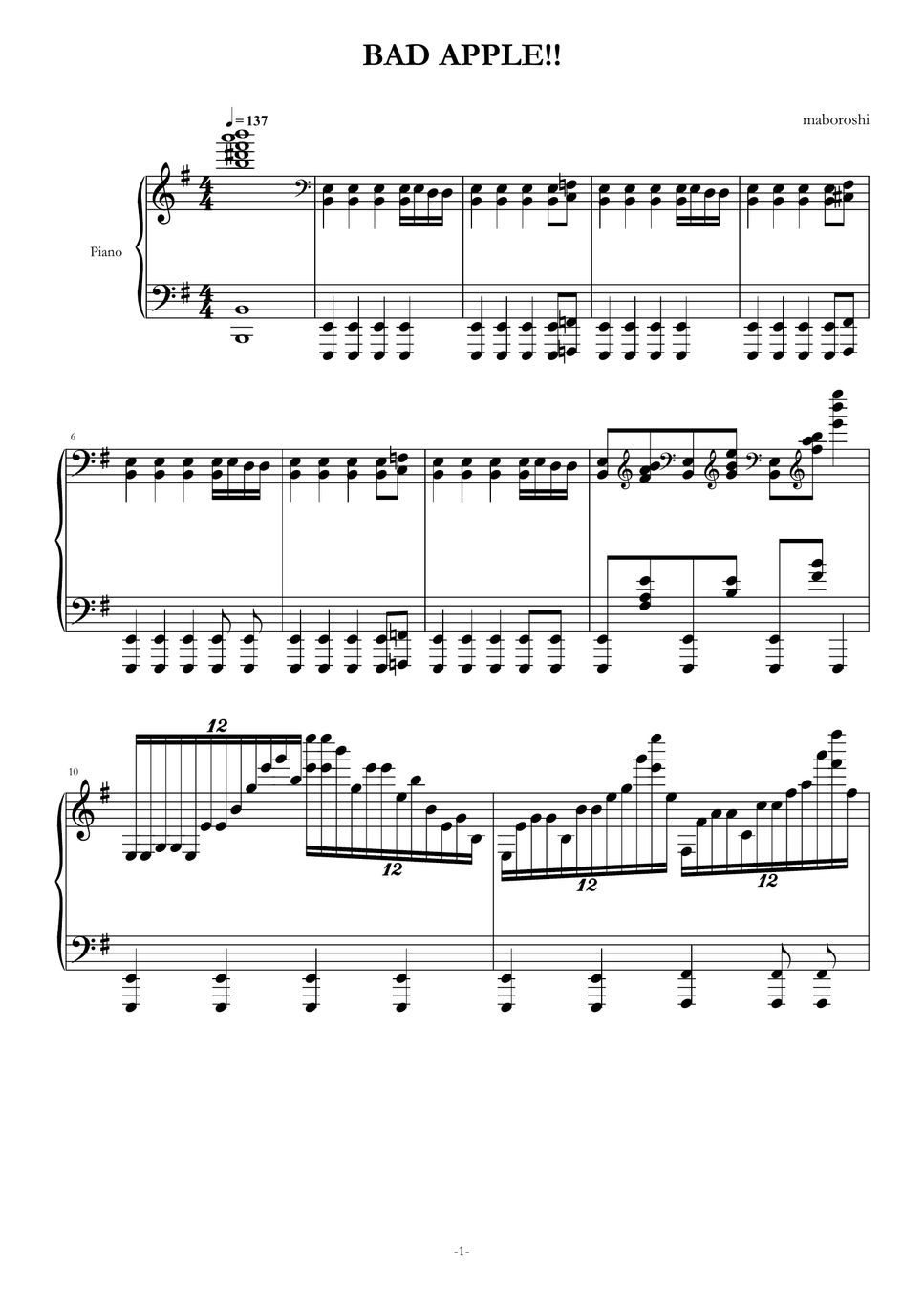 東方Project - 【東方】Bad Apple！！－－piano sheet Notenblatt by maboroshi