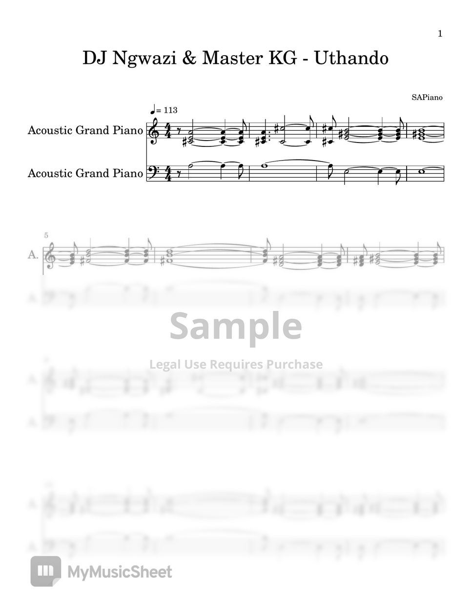 DJ Ngwazi & Master KG - Uthando (PIANO SHEET) Sheet Music by SA Piano