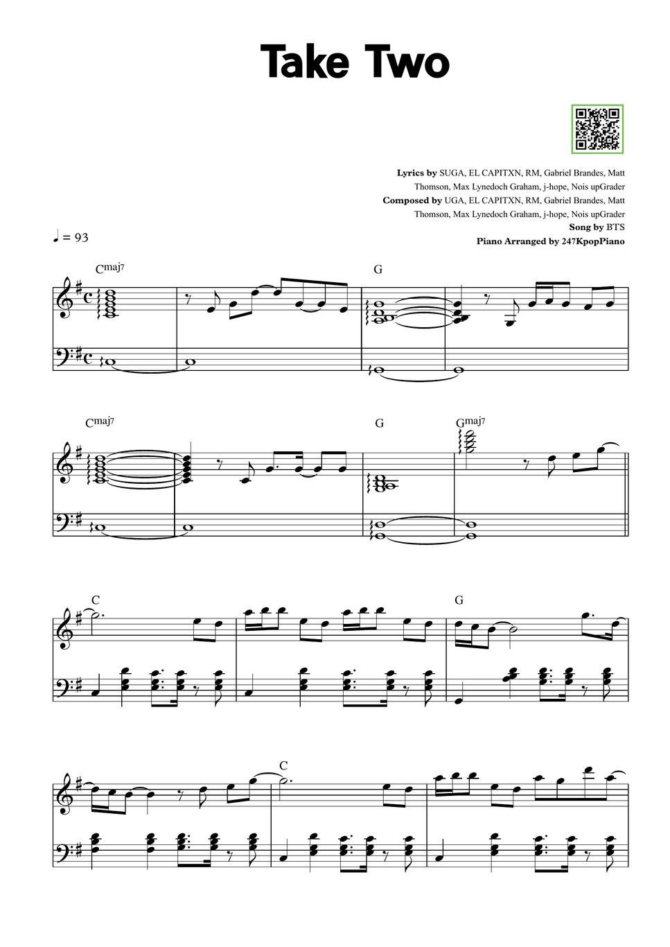 BTS - Take Two Sheets by 247 Kpop Piano