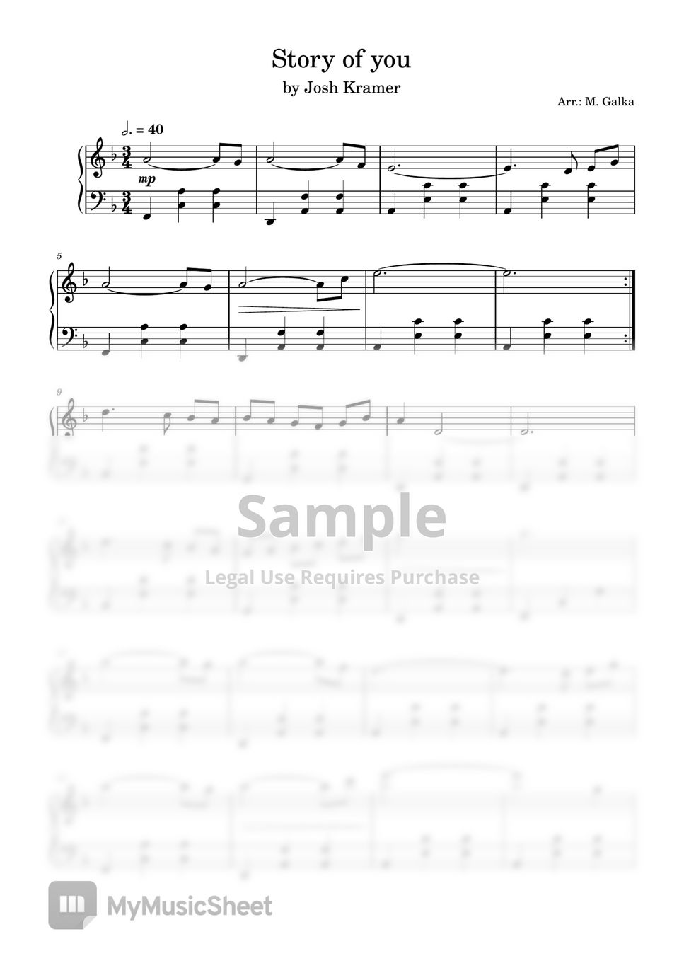 Josh Kramer - Story of you Piano Cover Sheet Music by M. Galka
