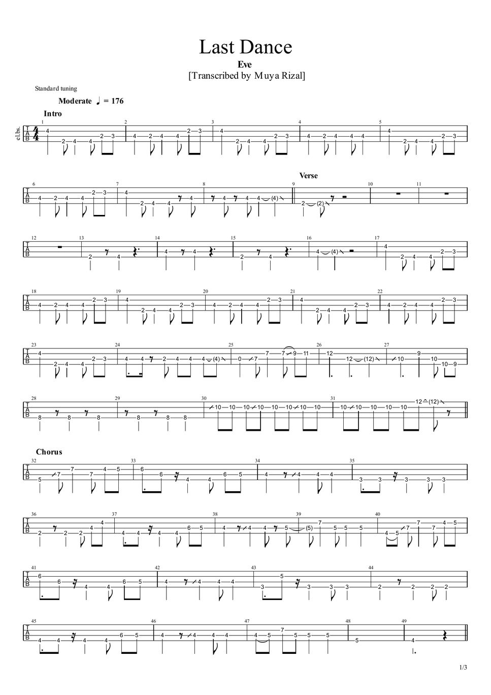 Eve - Last Dance (Bass TAB) โน้ตเพลง by Muya