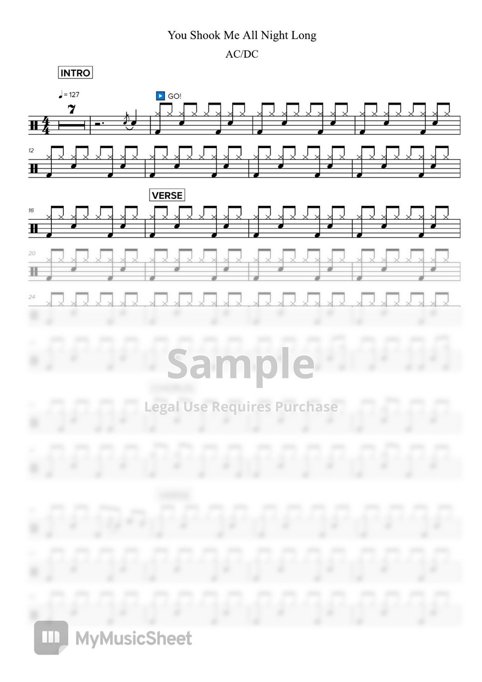 AC/DC - You Shook Me All Night Long Sheets by Magic Drum Sheets