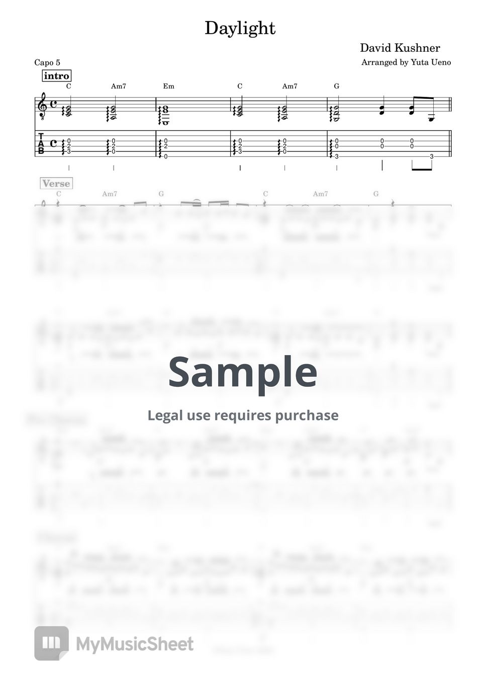 David Kushner - Daylight (Fingerstyle) Tab + 1 tauhan by Yuta Ueno