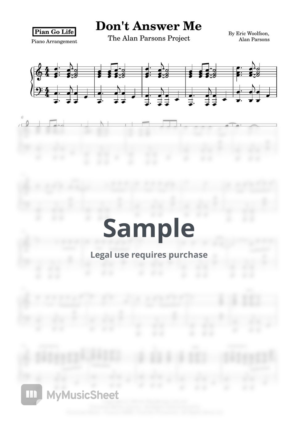 The Alan Parsons Project - Don't Answer Me Sheets by Piano Go Life