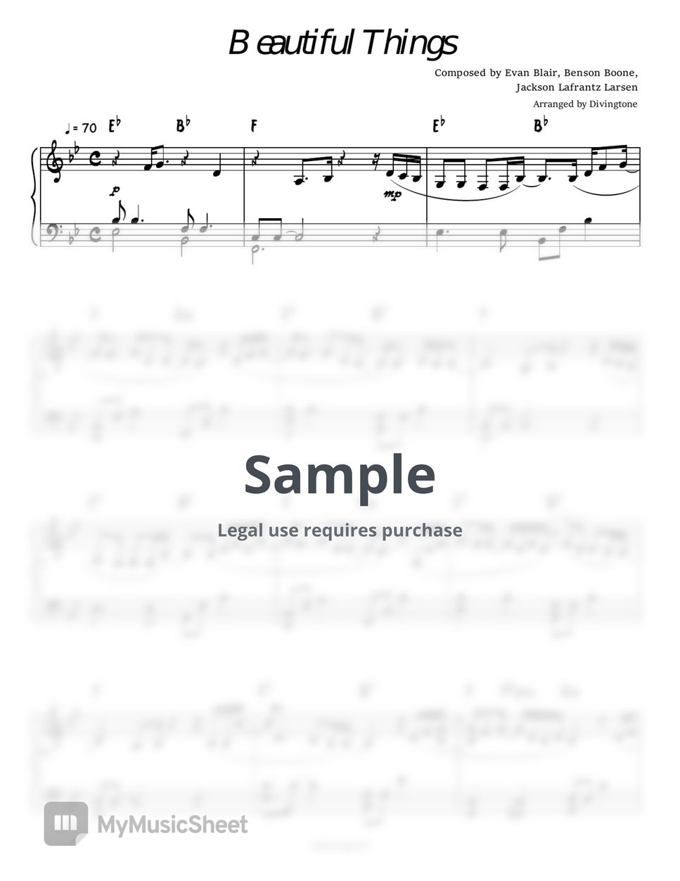 Benson Boone - Beautiful Things (Piano Sheet) Sheet Music by Divingtone