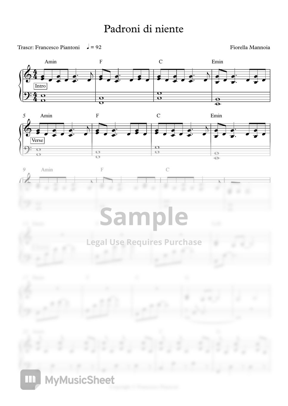 Fiorella Mannoia - Padroni di niente (spartito pianoforte) Sheet Music ...