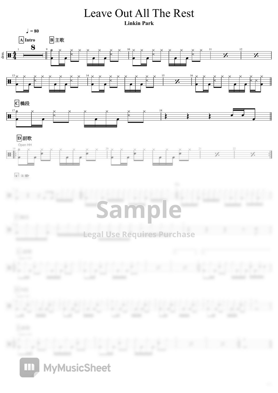 Linkin Park - Leave Out All The Rest (鼓譜) 악보 by keried