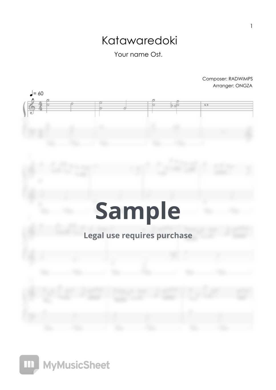 RADWIMPS - Katawaredoki (Your name Ost.) Sheet Music by ONGZA