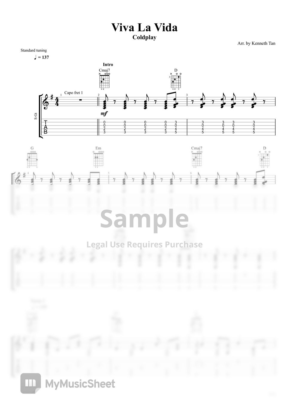 Coldplay | Fingerstyle Guitar - Viva La Vida Sheet Music by Kenneth ...