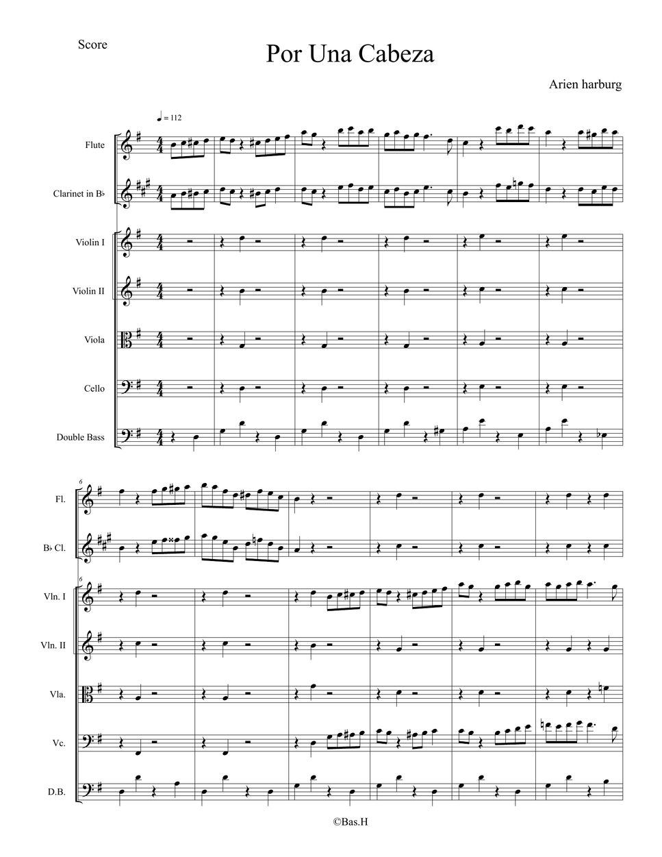 Carlos Gardel - por una cabeza (Flute, Clarinet String Quintet) 樂譜 by ...