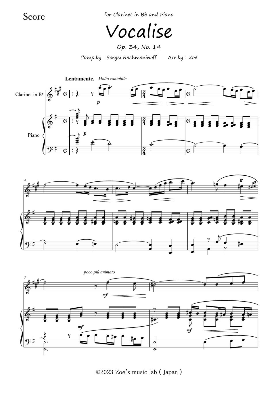 Rachmaninoff - Vocalise Op.34,No.14 / for Clarinet in Bb and Piano ...