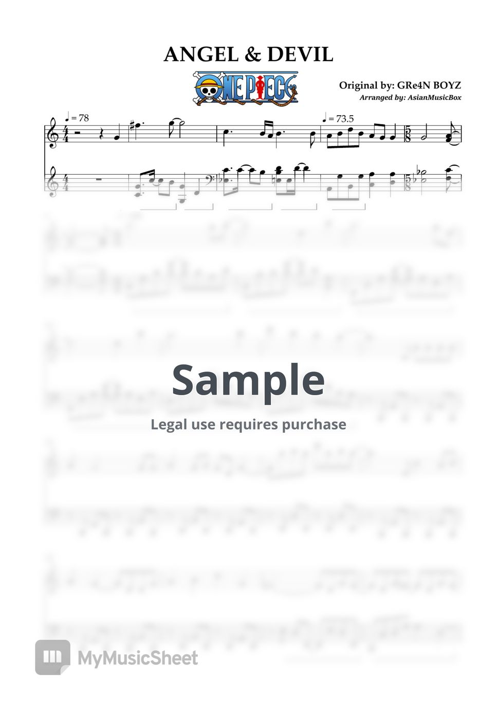 GRe4N BOYZ - ANGEL & DEVIL (One Piece OP 27) Sheet Music by AsianMusicBox