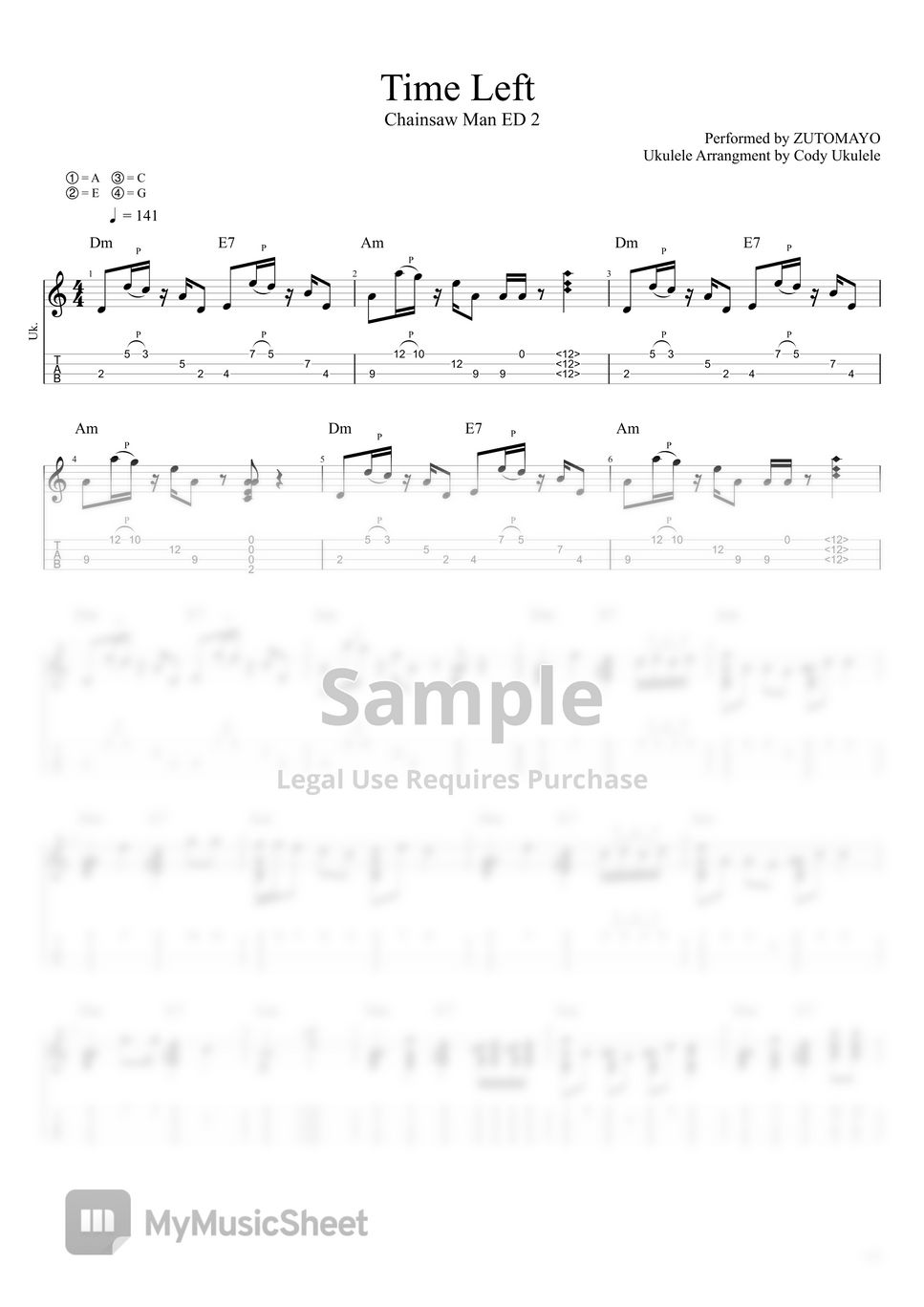 ZUTOMAYO - Time Left Tab + 단선 악보 by Cody Ukulele