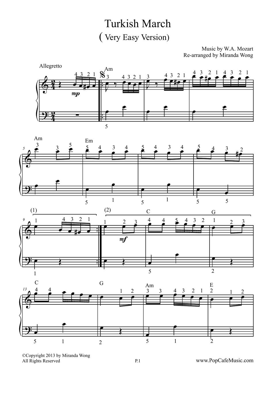 Mozart - Turkish March - Very Easy Piano Version (With Fingerings ...