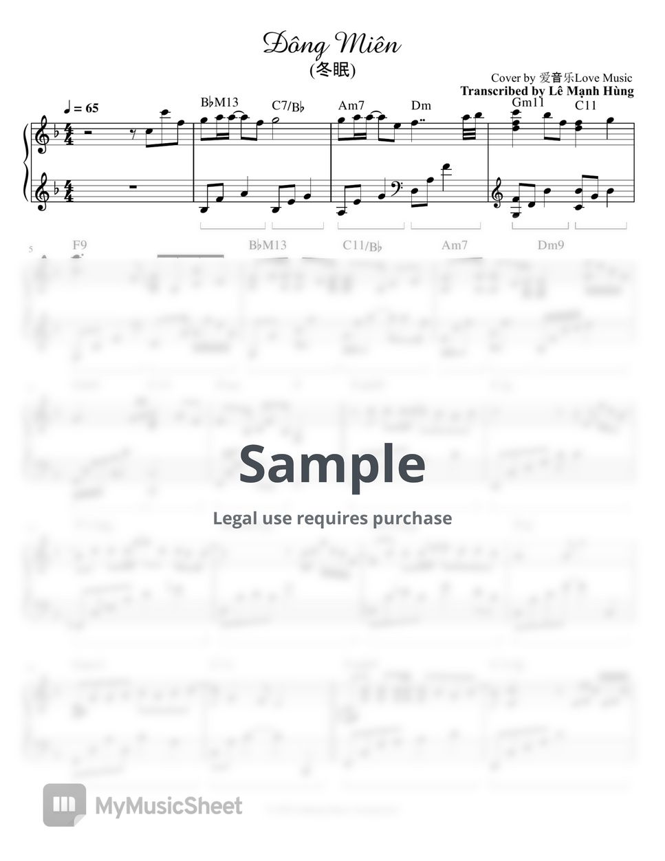 Cover by LoveMusic - Đông Miên (冬眠) (Transcribed) Spartito by Le Manh Hung