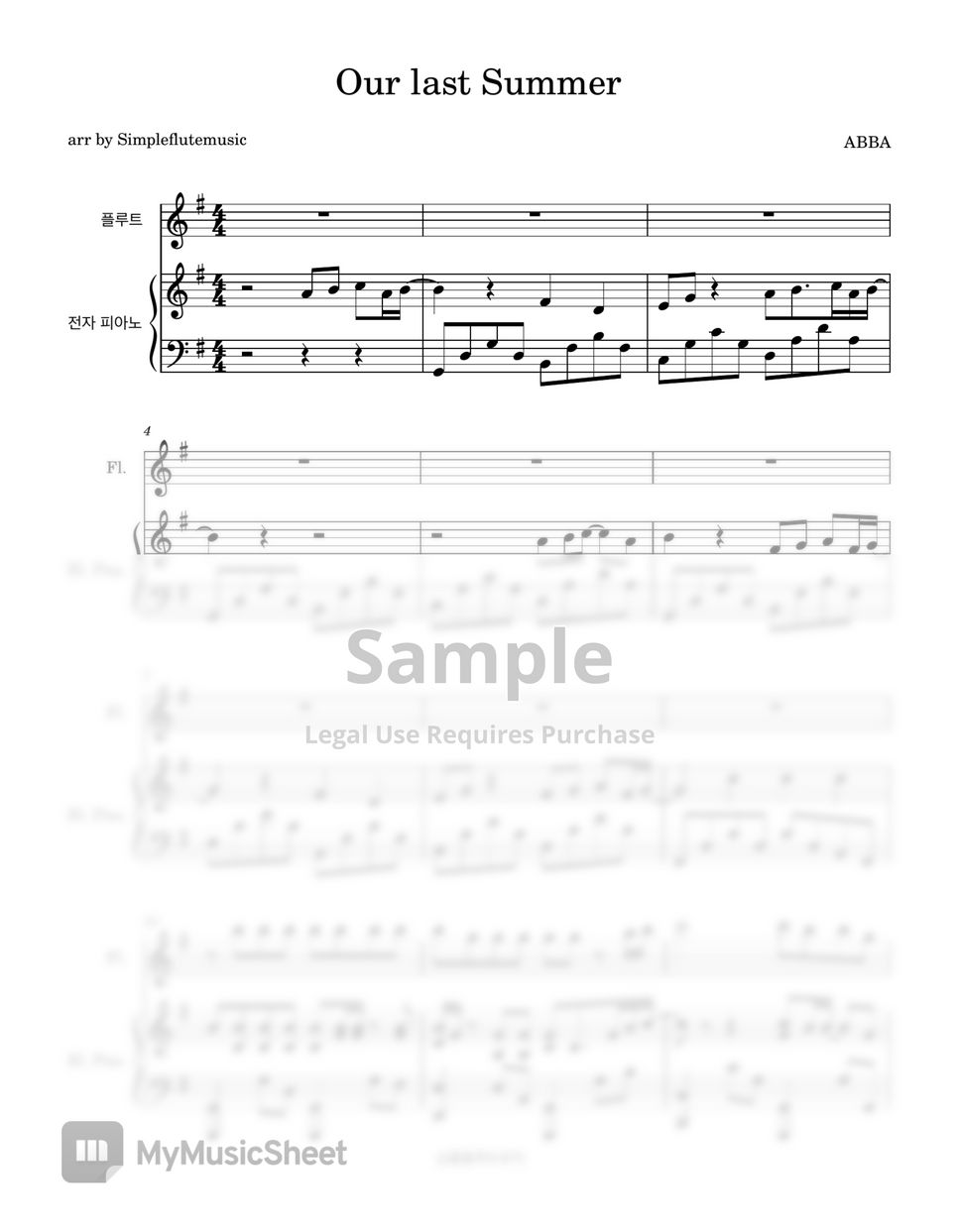 ABBA - Our last summer (flute/piano/MR) Sheets by Simpleflutemusic