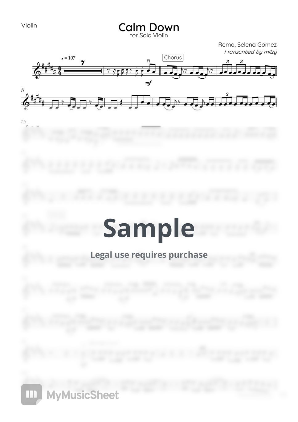 Rema, Selena Gomez - Calm Down (Violin) Sheet Music by milzy
