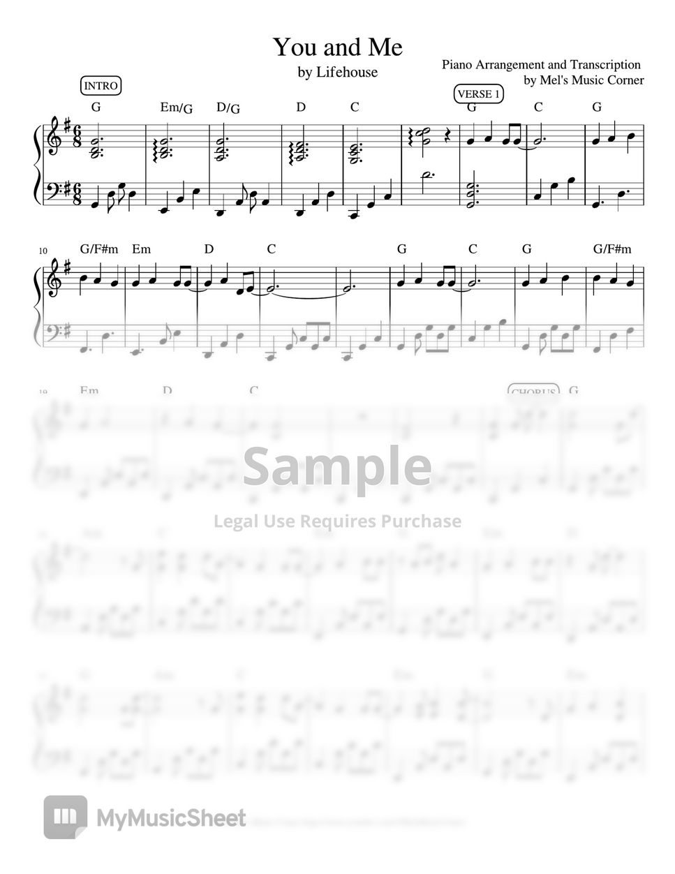 Lifehouse - You and Me (piano sheet music) Sheet Music by Mel's Music Corner
