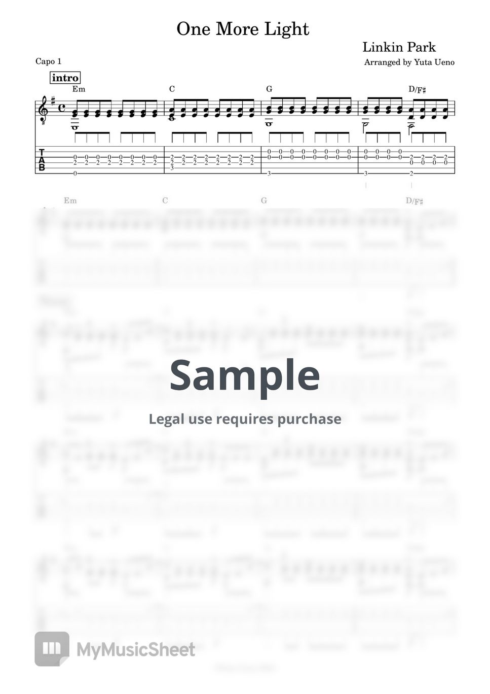 Linkin Park - One More Light (Fingerstyle) Tab + 단선 악보 by Yuta Ueno