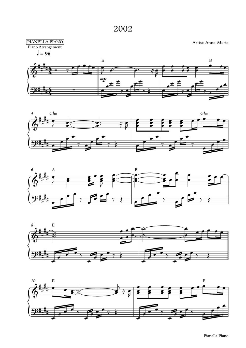 Anne-Marie - 2002 (Piano Sheet) 樂譜 by Pianella Piano