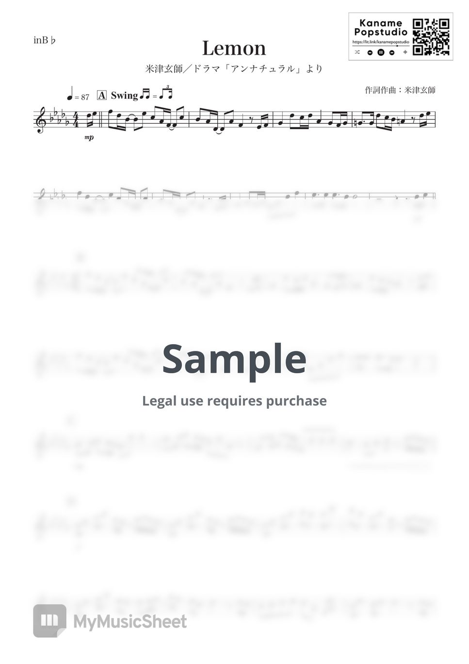 Kenshi Yonezu - Lemon (B♭) Sheets by Kaname@Popstudio