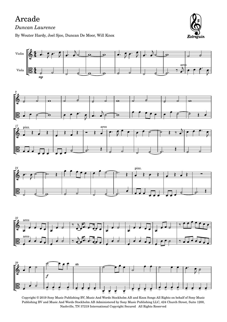 Duncan Laurence - Arcade (Violin Viola Duet) Sheet Music by Estreguin ...